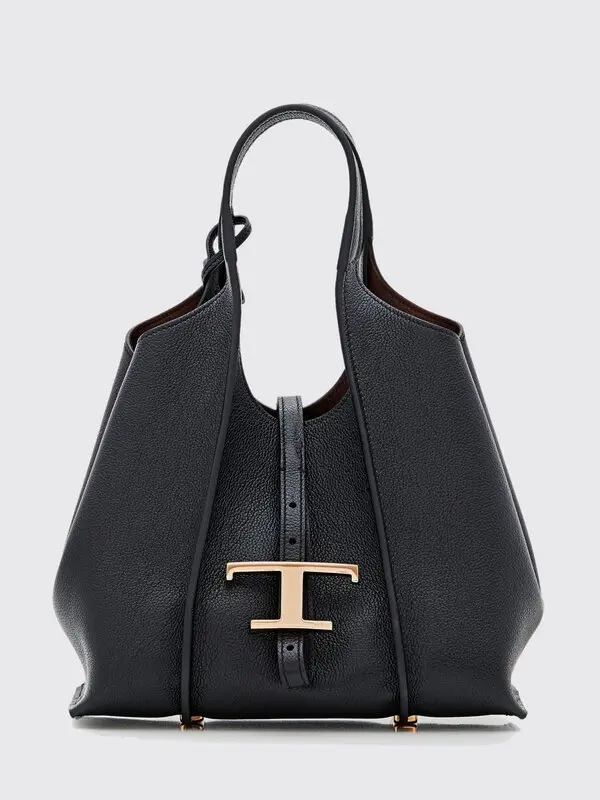 TOD'S Grained Calf Leather Shoulder Bag With Metal Logo - Black
