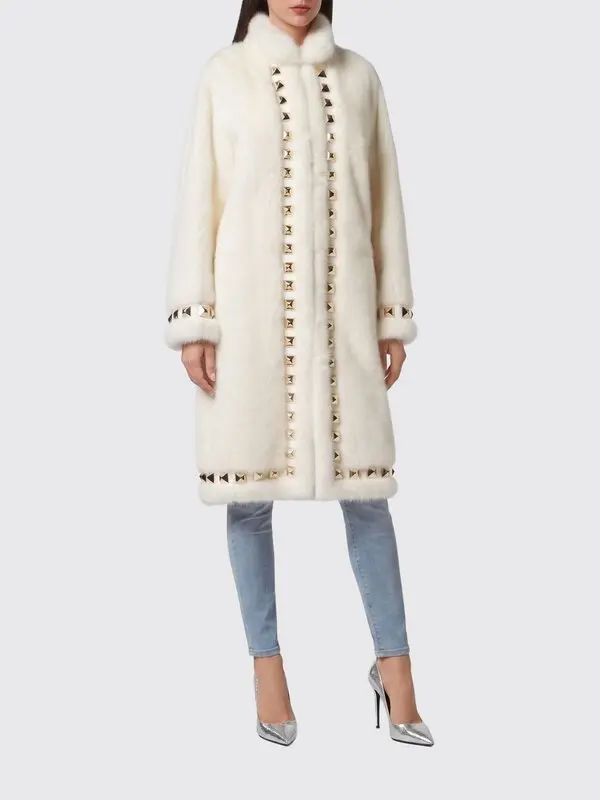 Philipp Plein Studded Single-breasted Mink Fur Coat - White