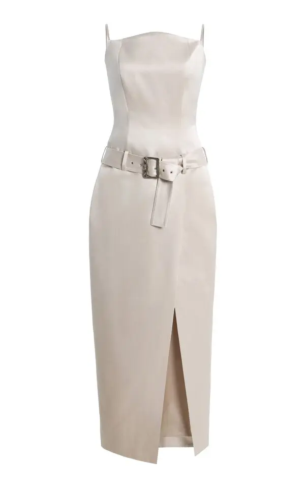WIEDERHOEFT Julie Belted Cotton-silk Satin Midi Dress - Silver