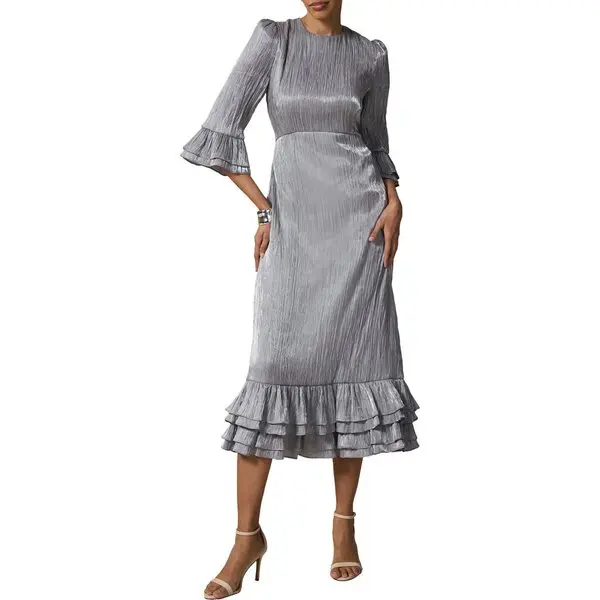 Mint Velvet Metallic Ruffle Sleeve Midi Dress - Silver