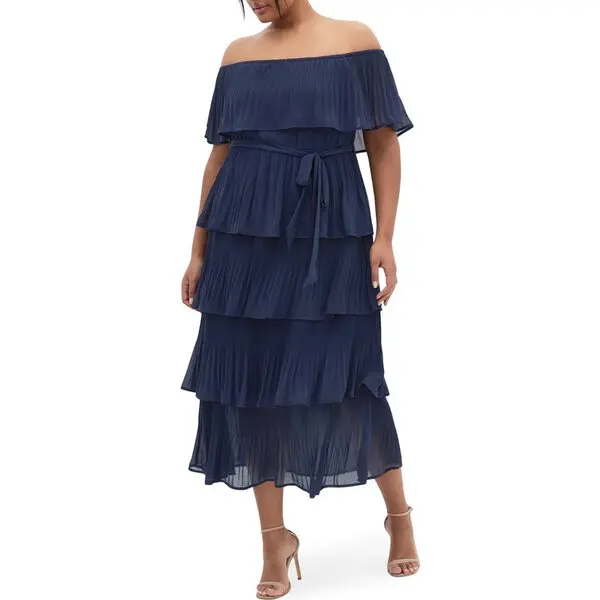 City Chic Night Garden Pleated Tiered Maxi Dress - Navy