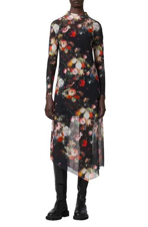 ALLSAINTS Gracie Floral Mesh Long Sleeve Midi Dress - Hazed Black