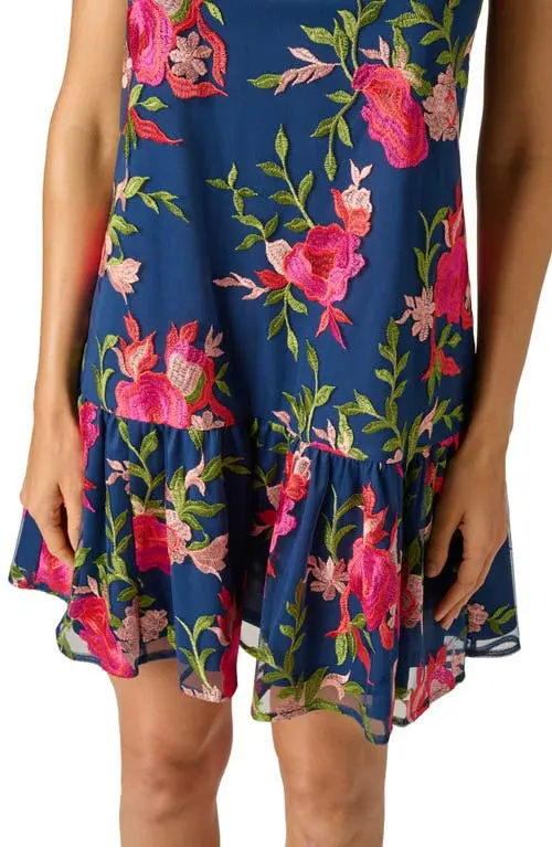 Adrianna Papell Embroidered Floral Mock Neck Mini Dress