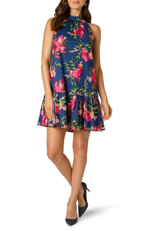 Adrianna Papell Embroidered Floral Mock Neck Mini Dress - Navy/pink Multi