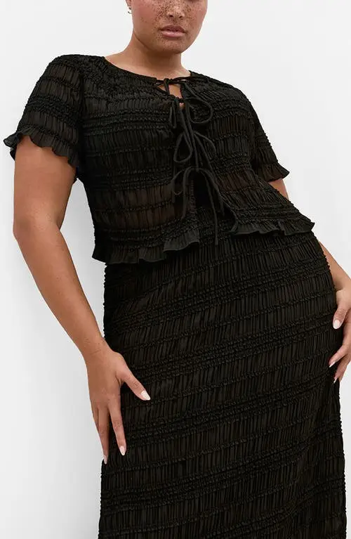 City Chic Emelia Shirred Tie Front Top - Black