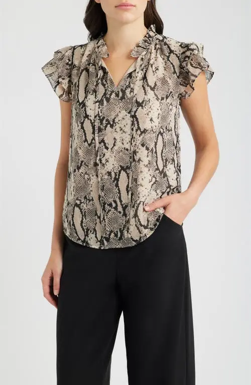 Anne Klein Snake Print Ruffled Sleeve Tied Neck Top - Latte Multi