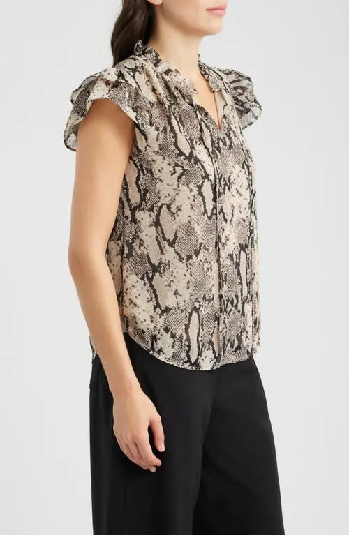 Anne Klein Snake Print Ruffled Sleeve Tie Neck Blouse