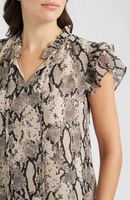 Anne Klein Snake Print Ruffled Sleeve Tie Neck Blouse
