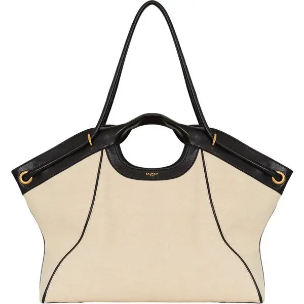 Balmain Large Tote In Smooth Leather And Canvas - Beige