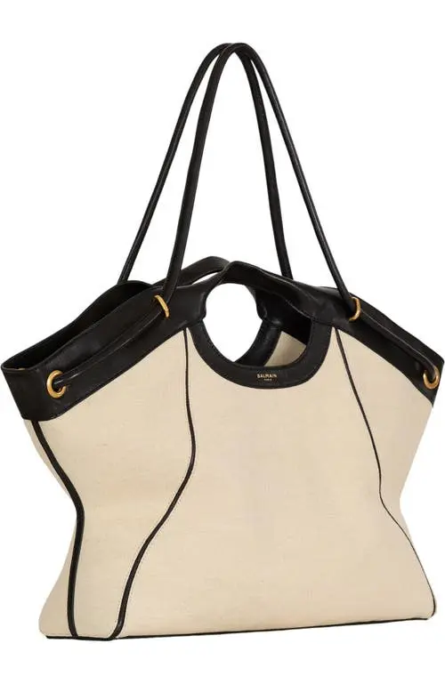 Balmain Large Tote In Smooth Leather And Canvas - Beige