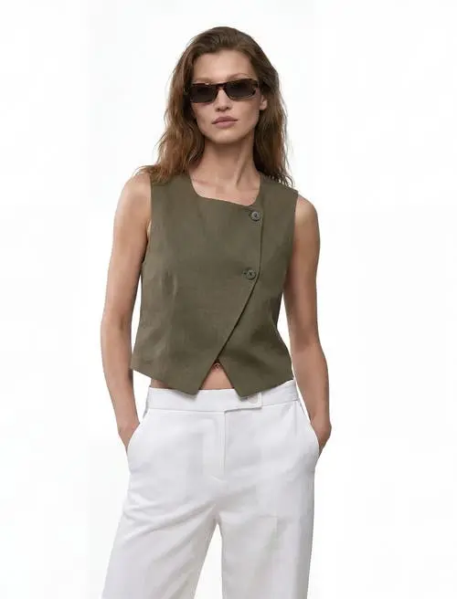 Koton Crew Neck Asymmetric Linen Vest