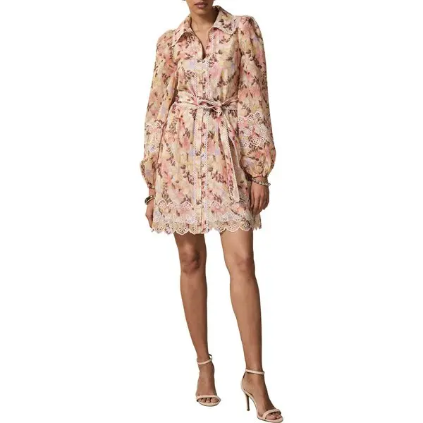 Mint Velvet Floral Print Long Sleeve Mini Dress - Light Pink