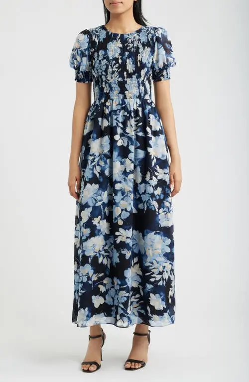Anne Klein Smocked Puff Sleeve Maxi Dress - Dutch Blue Multi