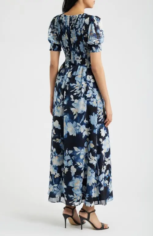 Anne Klein Smocked Puff Sleeve Maxi Dress