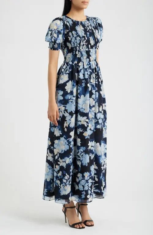 Anne Klein Smocked Puff Sleeve Maxi Dress