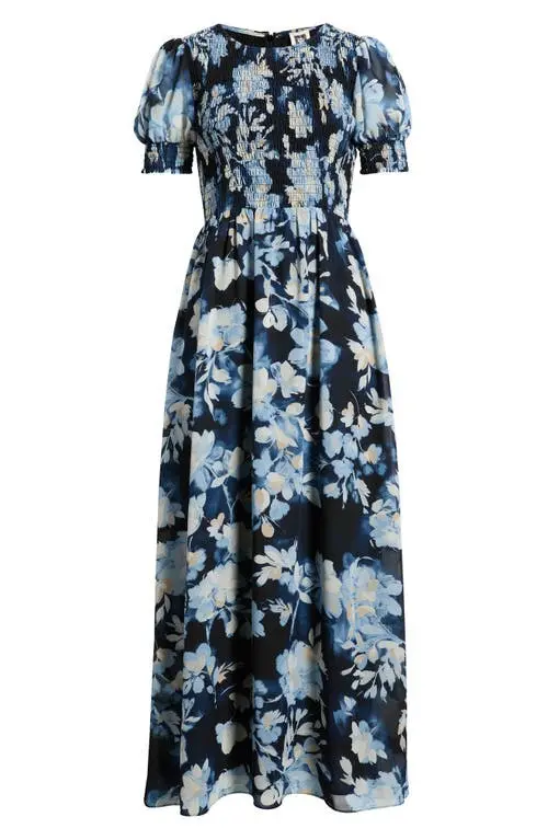 Anne Klein Smocked Puff Sleeve Maxi Dress