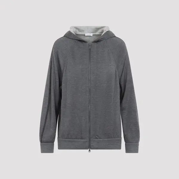 Brunello Cucinelli Full-zip Monile-trim Cotton Silk Sweatshirt - Grey