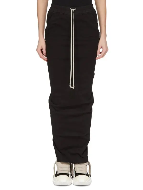 Rick Owens Heavy Cotton T-shirt Skirt With Drawstring Waist, Side Pockets & Draped Center Slit - Nero