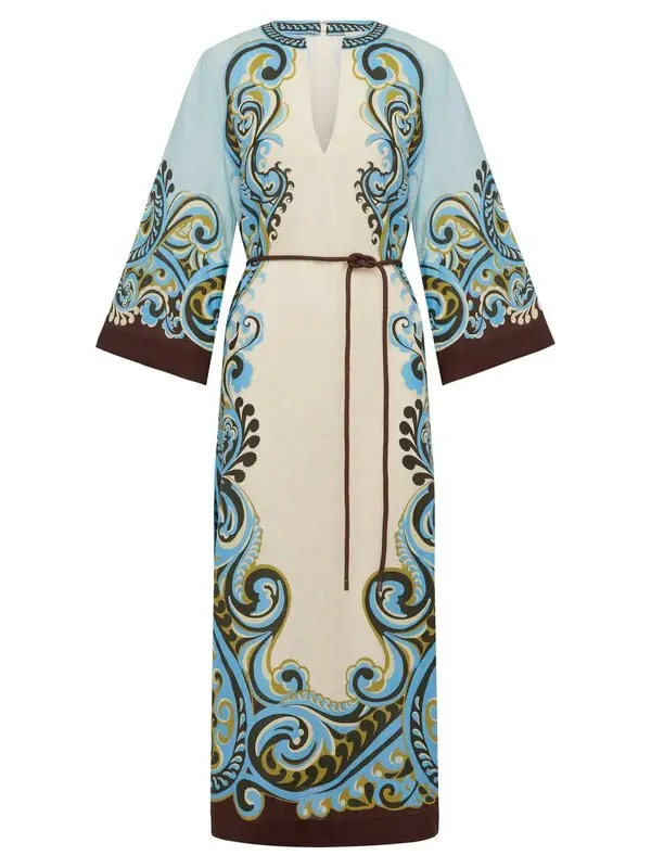 ALEMAIS V-neck Linen Dress With Dropped Shoulders & Side-slit Hem - Bianco