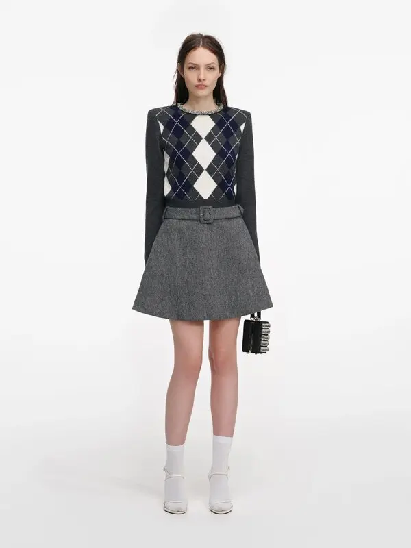 SELF-PORTRAIT Argyle Wool Sweater With Rhinestone Trim - Grigio