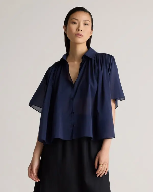 Quince Cotton-silk Voile Short Sleeve Blouse - Dark Navy