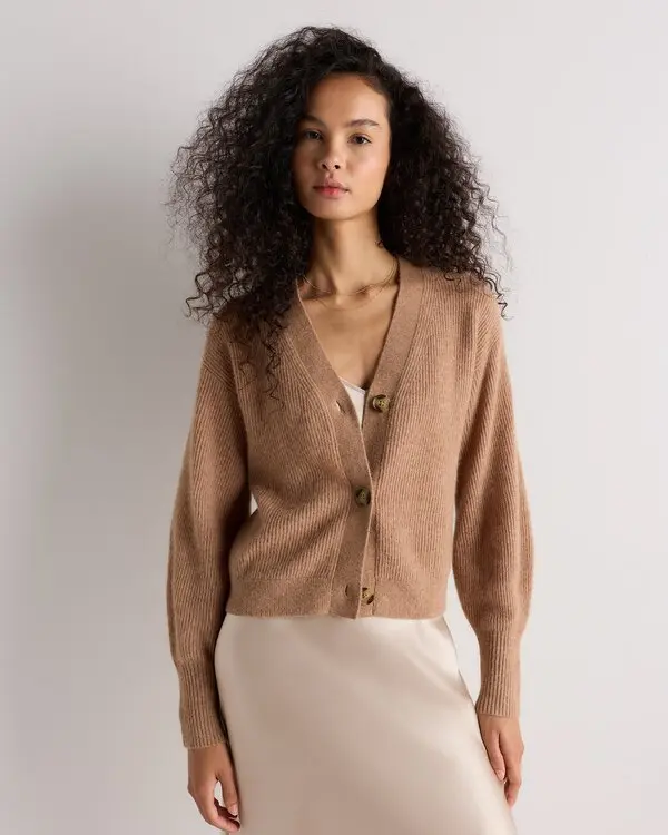 Quince Lightweight Baby Alpaca Cropped V-neck Cardigan Sweater - Dune Camel