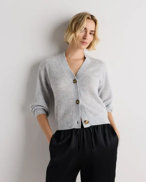 Quince Lightweight Baby Alpaca Cropped V-neck Cardigan Sweater - Mist Grey