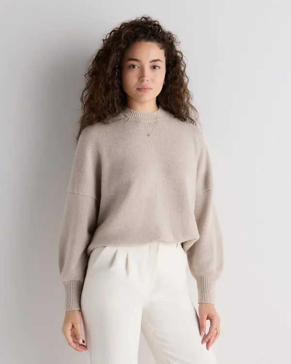 Quince 100% Mongolian Cashmere Slouchy Blouson Sleeve Crewneck Sweater - Heather Cloud Beige