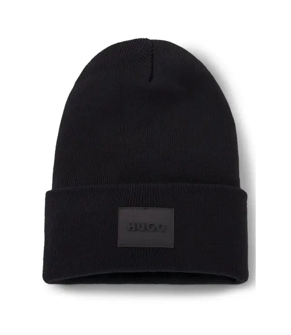 Hugo Cotton Beanie With Logo Label - Black
