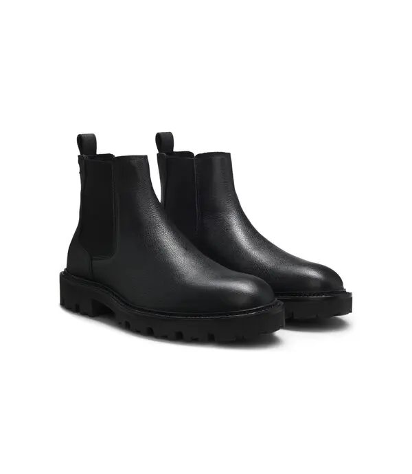 BOSS Grained Leather Boots With Elastic Side Panels - Black
