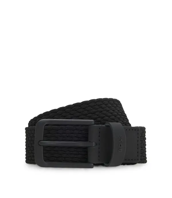 BOSS Woven Belt With Leather Trims And Logo Detail - Black