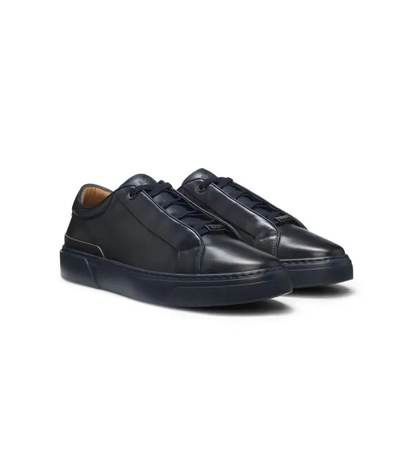 BOSS Gary Sneakers In Brushed Leather With Elastic Laces - Dark Blue