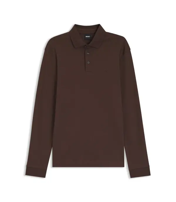 BOSS Long-sleeved Polo Shirt In Interlock Cotton With Logo - Dark Brown