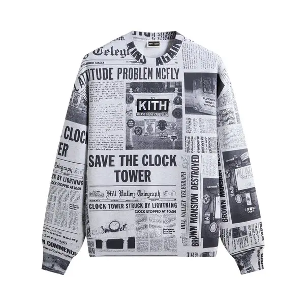 Kith For Back To The Future Newspaper All-over Printed Nelson Crewneck 'light Heather - Grey