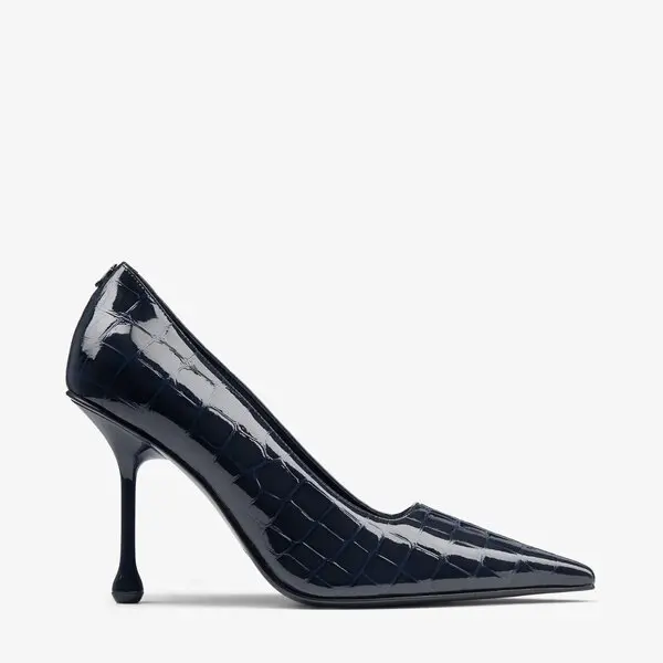 JIMMY CHOO Ixia 95 Shiny Croc Embossed Leather Pumps - Marine