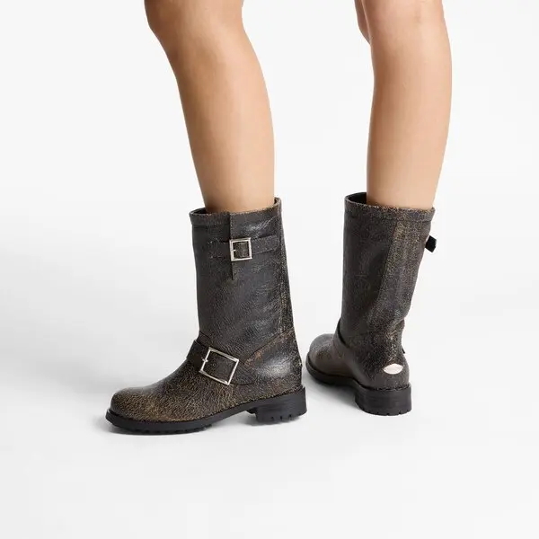 JIMMY CHOO Biker Mid Black And Toffee Crackled Leather Biker Mid Boots - Black/toffee