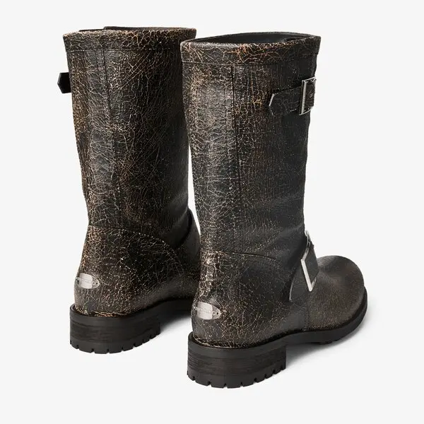 JIMMY CHOO Biker Mid Black And Toffee Crackled Leather Biker Mid Boots - Black/toffee