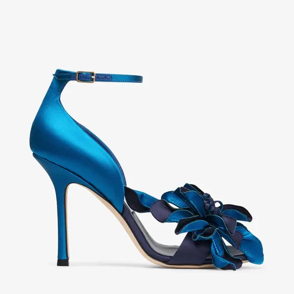 JIMMY CHOO Marine And Lagoon Satin Sandals With Floral Accent - Marine/lagoon