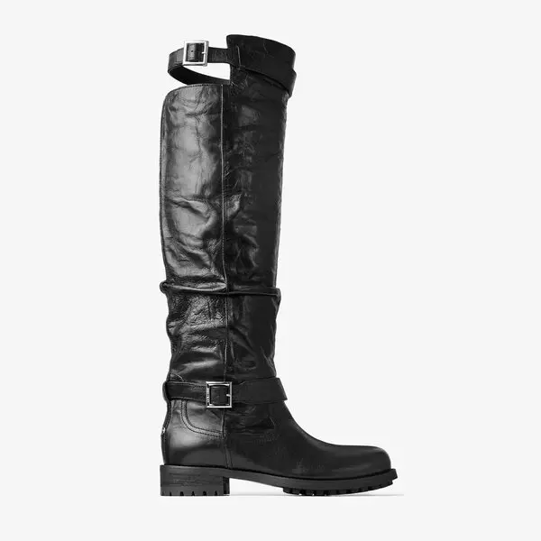 JIMMY CHOO Biker Knee Boot Lamb Leather Knee-high Biker Boots - Black