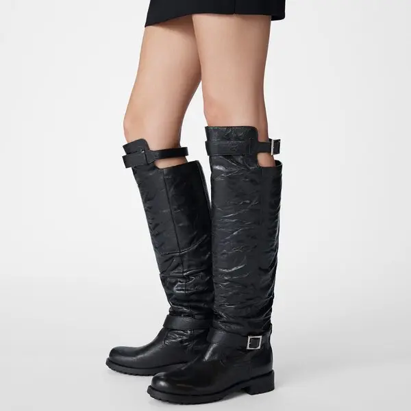 JIMMY CHOO Biker Knee Boot Lamb Leather Knee-high Biker Boots - Black