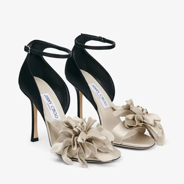 JIMMY CHOO Coko 100mm Satin Sandals With Floral Accent - Bone/black