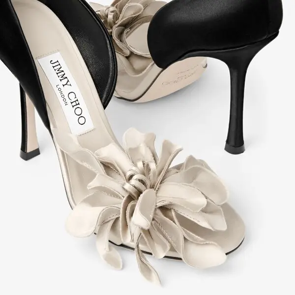JIMMY CHOO Coko 100mm Satin Sandals With Floral Accent - Bone/black