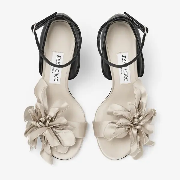 JIMMY CHOO Coko 100mm Satin Sandals With Floral Accent - Bone/black