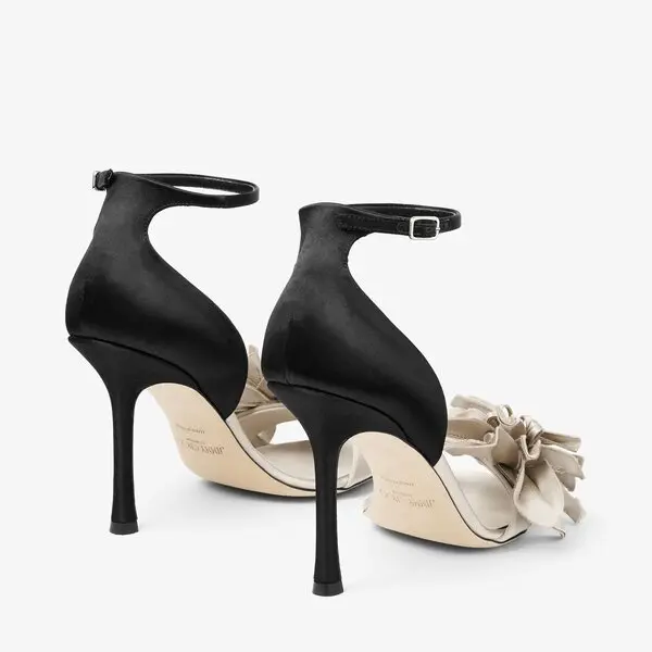 JIMMY CHOO Coko 100mm Satin Sandals With Floral Accent - Bone/black