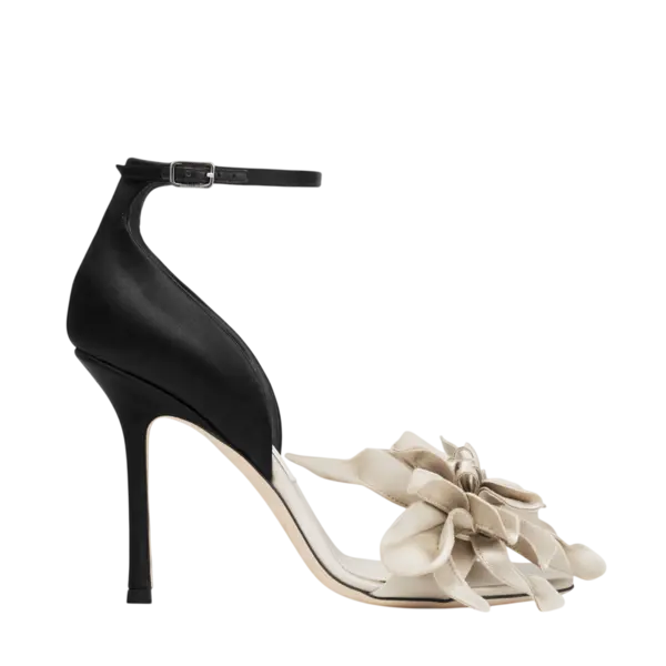 JIMMY CHOO Coko 100mm Satin Sandals With Floral Accent - Bone/black