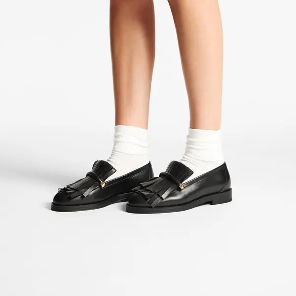 JIMMY CHOO Leather Eska Loafers With Fringed Detail - Black