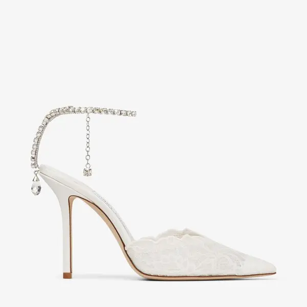 JIMMY CHOO Saeda 100 Lace Pumps With Crystal Chain Anklet - Neutral