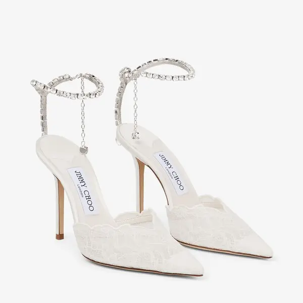 JIMMY CHOO Saeda 100 Lace Pumps With Crystal Chain Anklet
