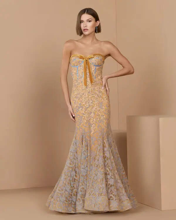 MAC DUGGAL COLLECTION Orange Embroidered Lace Strapless Mermaid Gown - Marigold Multi