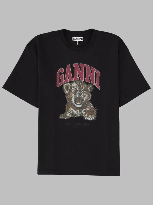 GANNI Have A Nice Day!" Tiger Print Organic Cotton T-shirt - Black